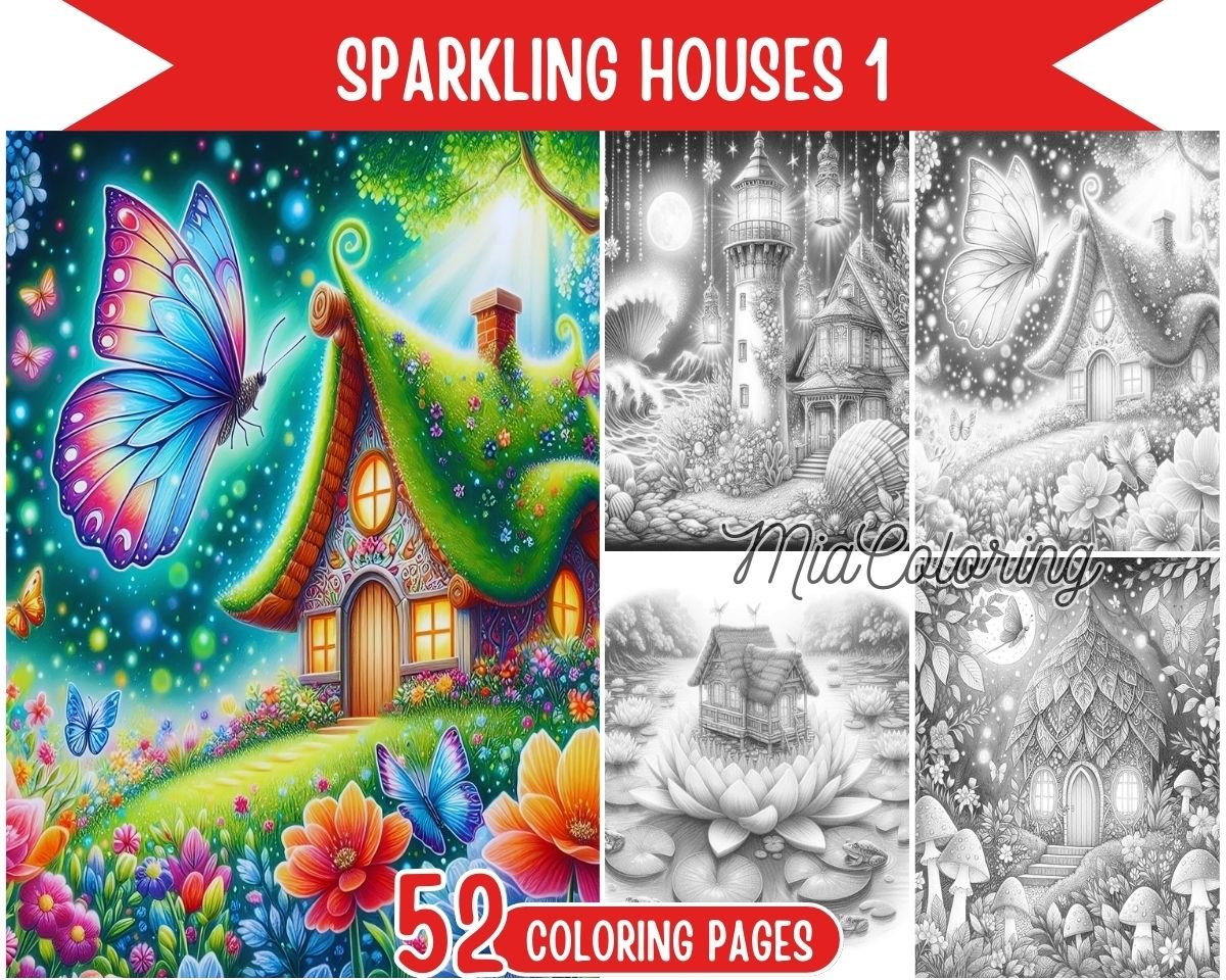 Sparkling Houses 1 Printable Coloring Pages for Adults - miacoloring.com