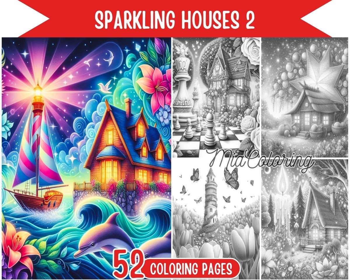 Sparkling Houses 2 Printable Coloring Pages for Adults - miacoloring.com